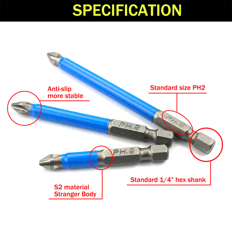 Anti Slip Electric Screwdriver Bits 1/4" Hex Shank Precision PH2 Muqin ...