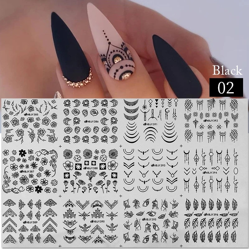 12Designs Golden Flower Geometry Line Nail Stickers Black White Leaf ...