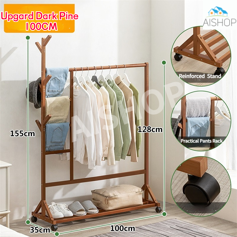[SG Stock]Bamboo Clothes Stand Clothes Rack Movable Drying Rack with ...