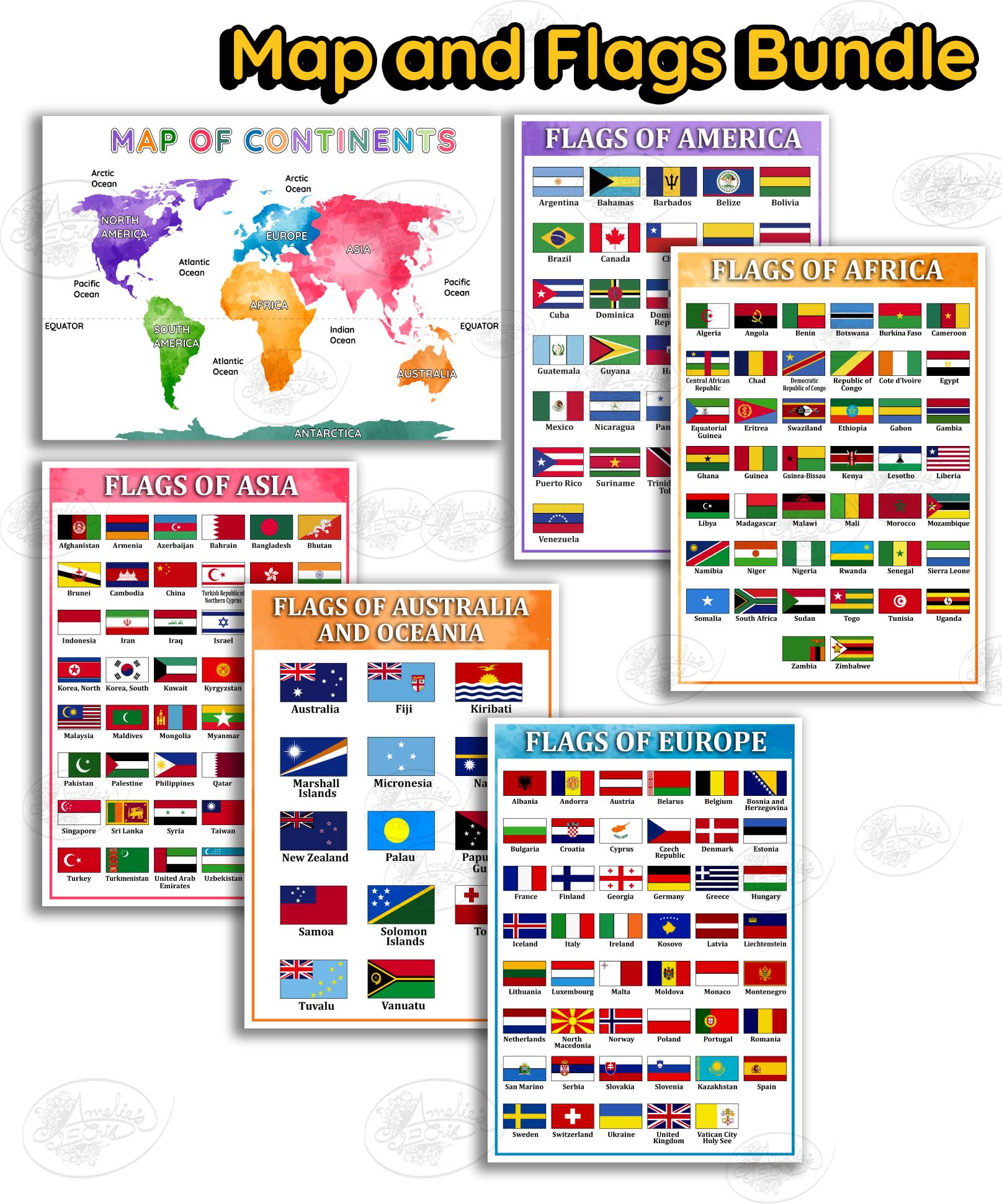 Flags of the world laminated charts - Asia, Africa, Europe, America ...