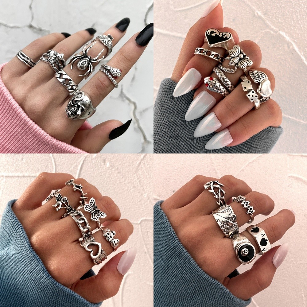 7Pcs/Set Silver Retro Spades Card Spider Ring Set for Women Male ...