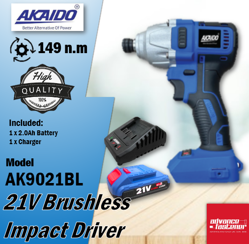 AKAIDO AK9021BL 21V Brushless Impact Driver（Add-on 4.0Ah Battery RM170 ...