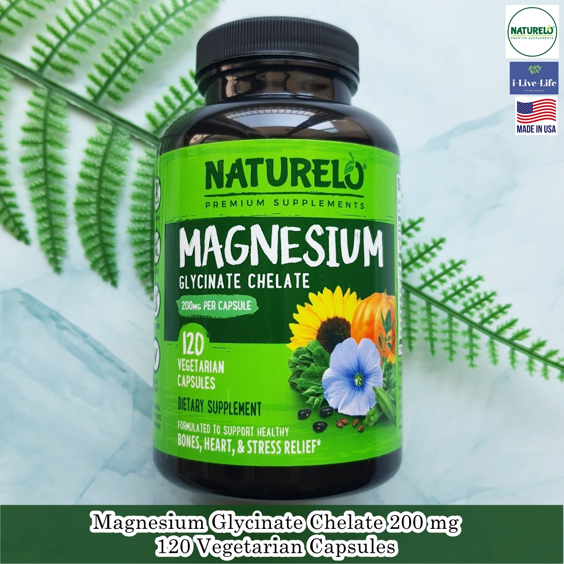 NATURELO - Magnesium Glycinate Chelate 200 mg 120 Vegetarian Capsules ...