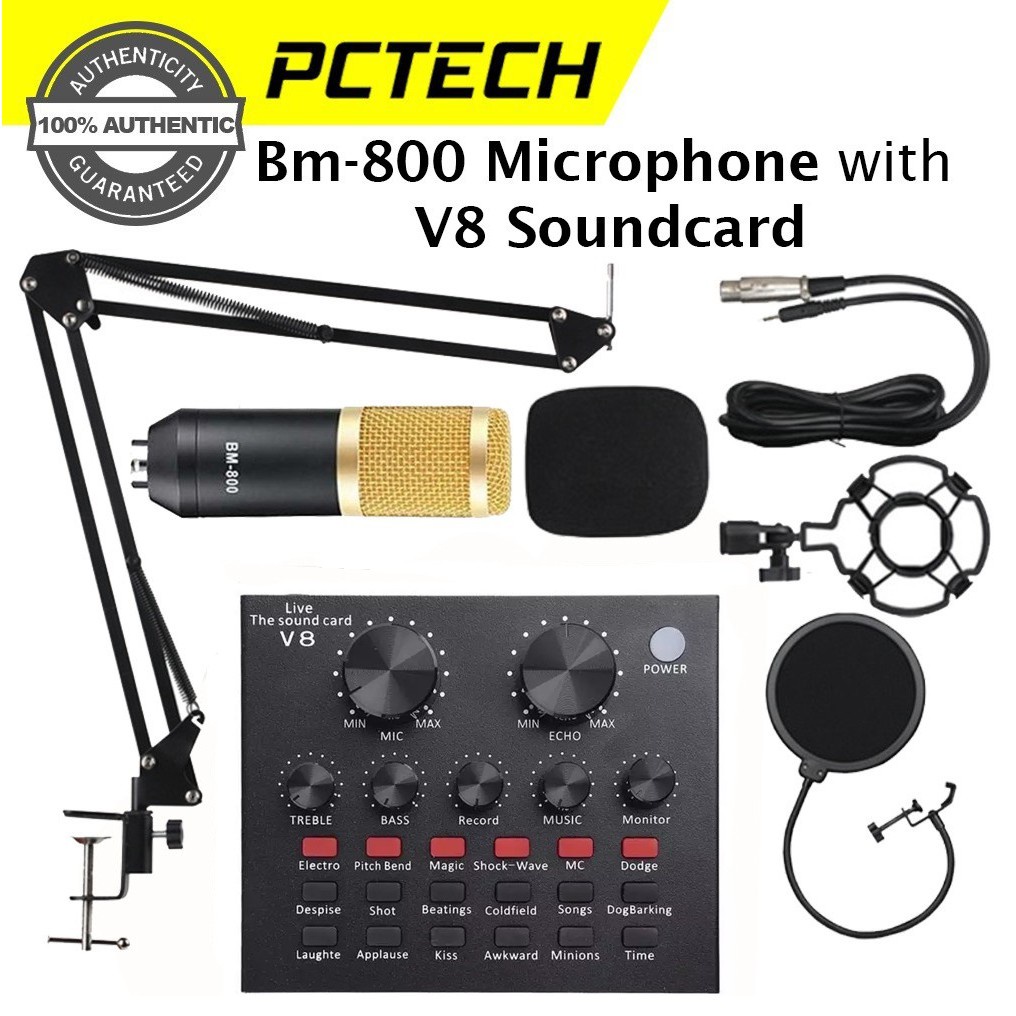 Popcorn BM-800 Condenser Microphone Set with V8 Sound Card for Studio ...