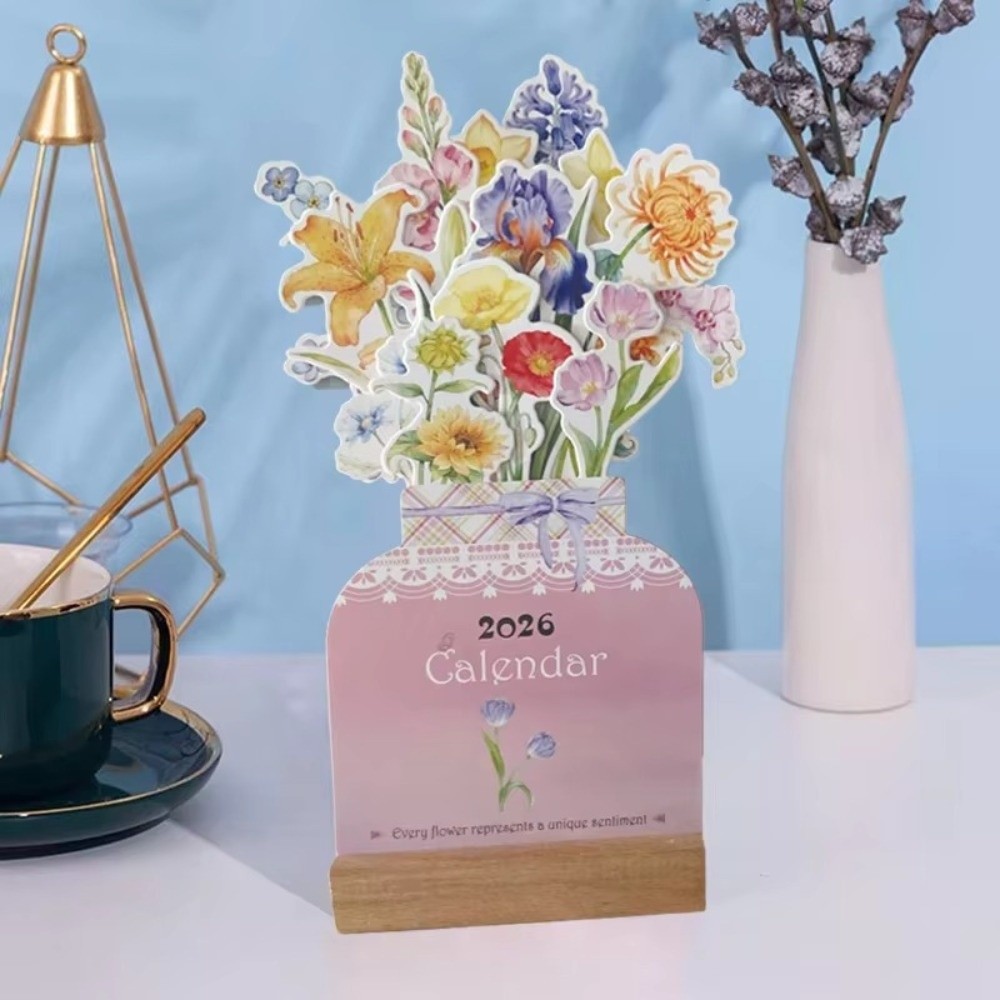 New Wooden Base Bloomy Flowers Desk Calendar Vase Shaped Floral Theme ...