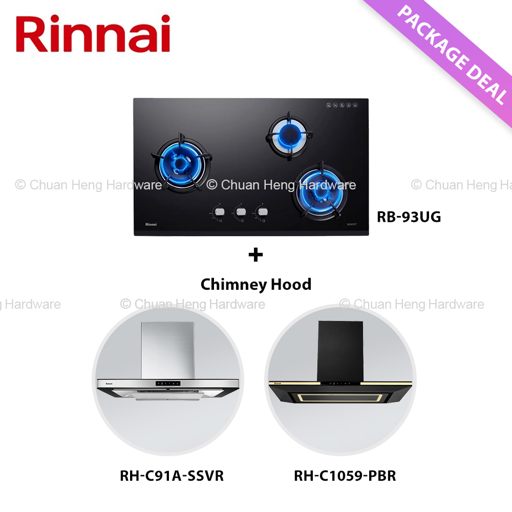 Rinnai RB-93UG 3 Burner Built-In Glass Hob + Chimney Hood (RH-C209-GCR, RH-C2859-SSW, RH-C249 ...
