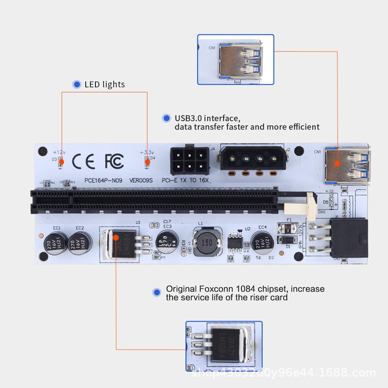 6PCS Molex PCIE Riser Card VER009S PCI-E 1X to 16X Extender PCI Express ...