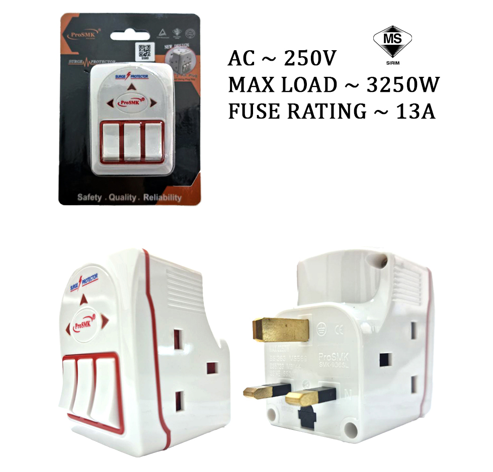 SELAMAT SA-32 13A 3 WAY ADAPTOR EXTENSION SOCKET WITH SWITCH AND NEON ...