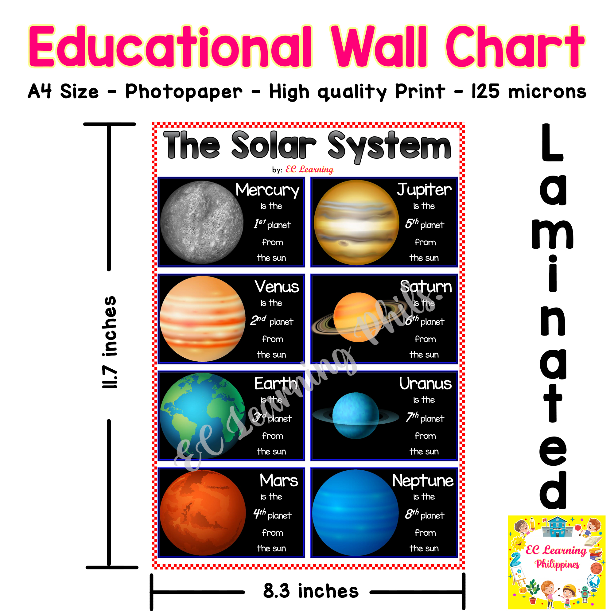 A4 EDUCATIONAL Laminated Wall Charts for Kids SOLAR SYSTEM Series ...