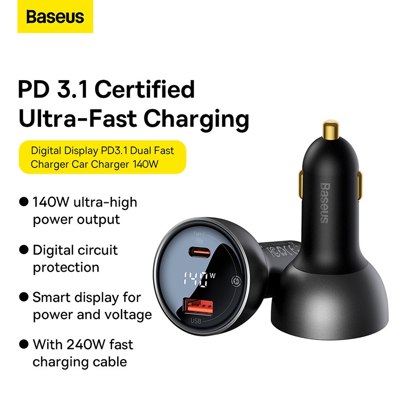 Baseus 140W Car Charger UC Dual Fast Charger PD3.1 Digital Display Set ...
