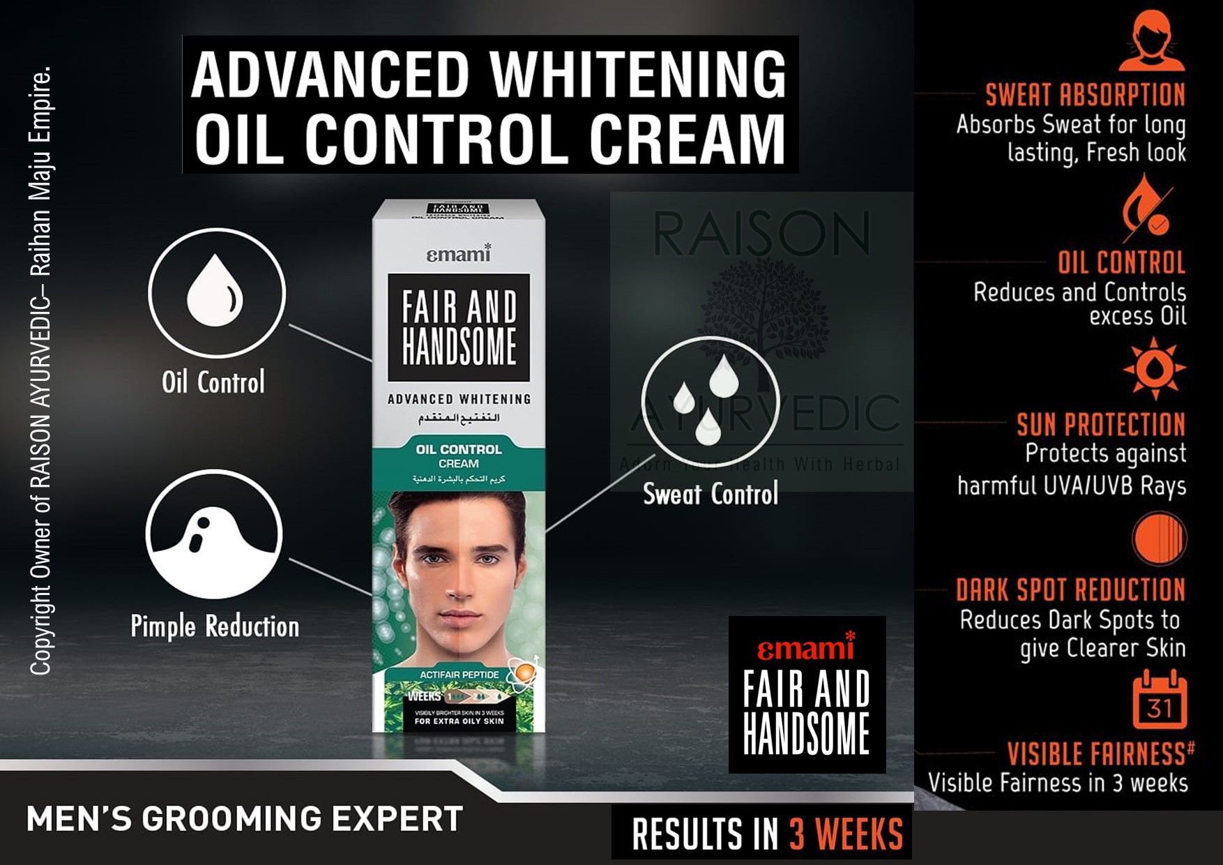 Emami Fair and Handsome Advanced Whitening Oil Control Cream 50gm-Visible Brighter Skin in 3 ...