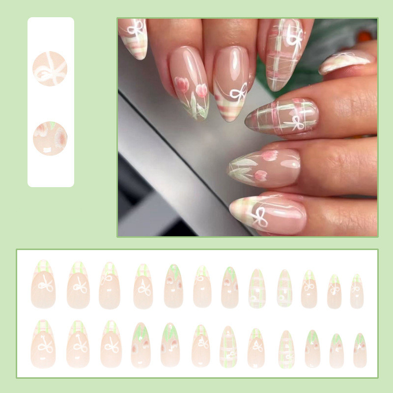 24Pcs Weave French Bow Tulips Fake Nails with Glue DIY Art Design False ...