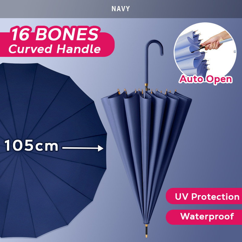 𝗦𝗘𝗖𝗨𝗥𝗘 𝗛𝗢𝗟𝗗 》16 Bones Curved Handle Umbrella Weatherproof Sun ...