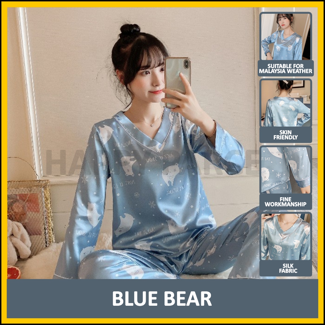 [M-2XL] Baju Tidur Lengan Panjang Wanita V Collar Pyjamas Women Satin ...