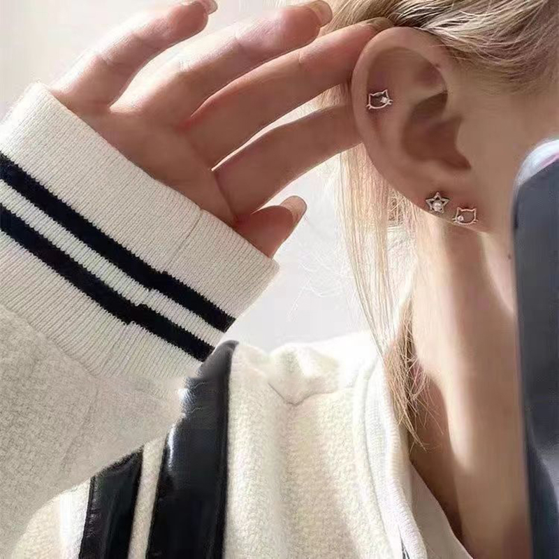 1Pair Sanrio Cartoon Cute Hello Kitty Shiny Zircon Earrings Hollow Cat ...