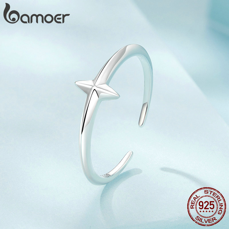 BAMOER Sterling Silver 925 Simple Cross Open Rings Minimalist Adjustable Ring for Women ...