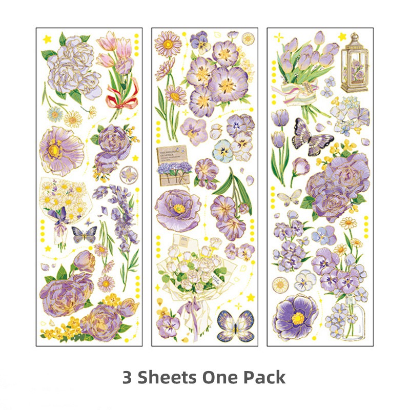3 Sheets Dazzling Flowers Series Waterproof PET Bronzing Stickers ...