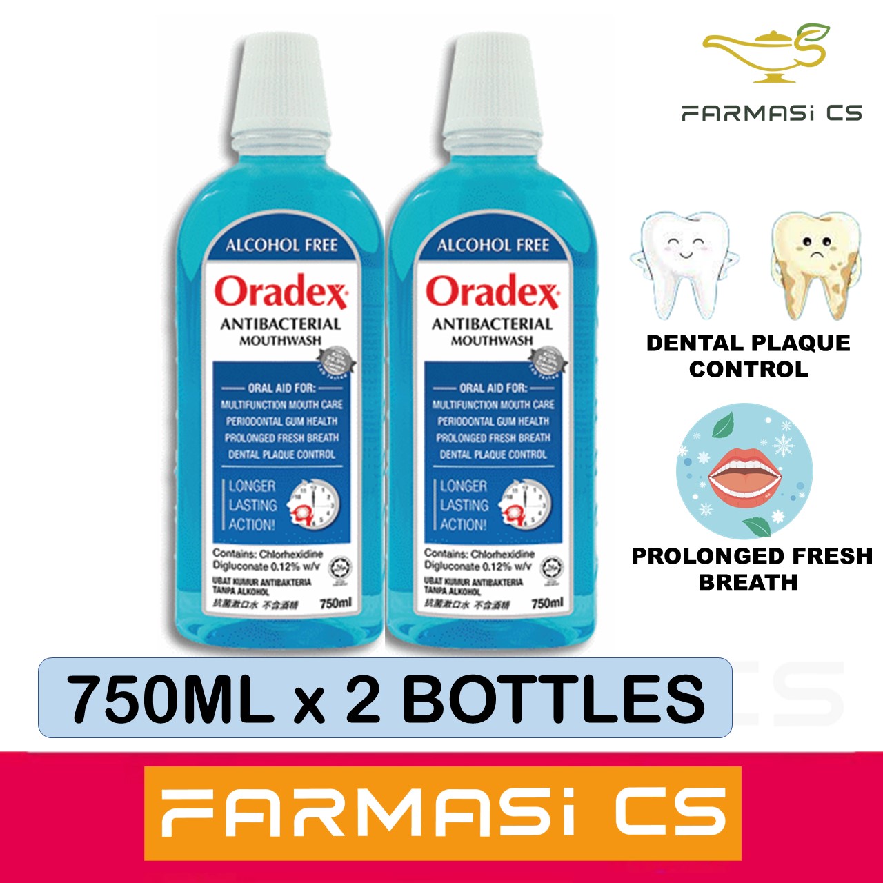 Oradex Antibacterial Mouthwash 750ml x 2 Bottles EXP:11/2026 [ alcohol ...