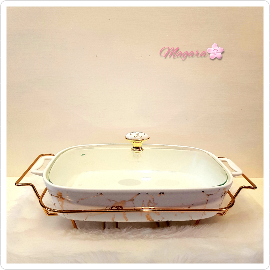 Nordic Rectangle shape Ceramic Food warmer bowl size with holder L34cm ...