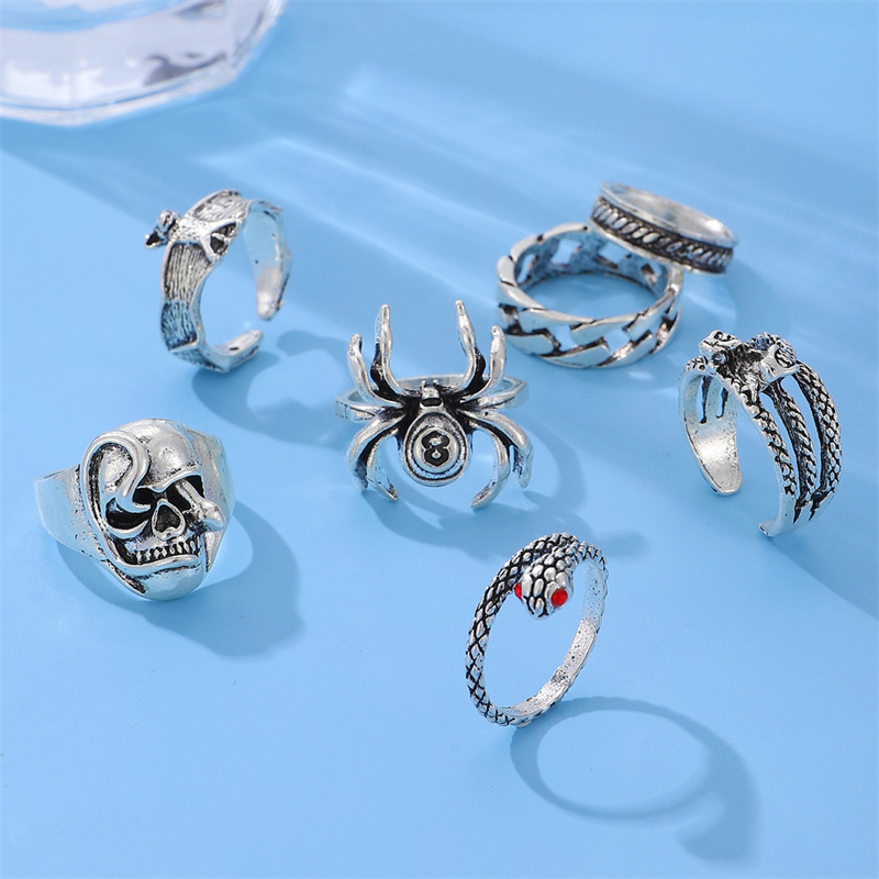 7Pcs Vintage Punk Metal Multi Ring Set For Women Men Spider Bat Snake ...