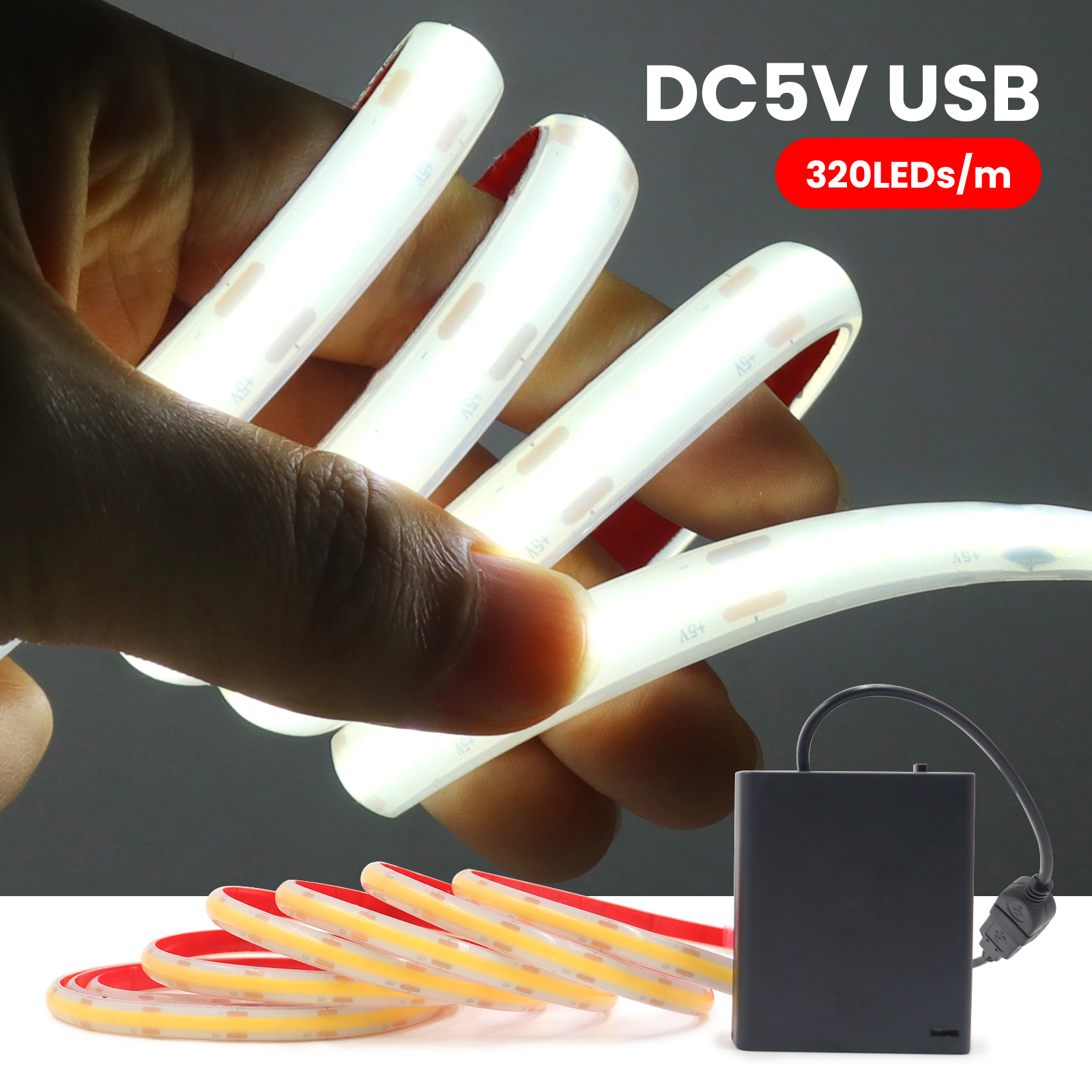 IP68 Waterproof COB LED Strip 5V Powered Flexible Ribbon Adhesive Tape ...