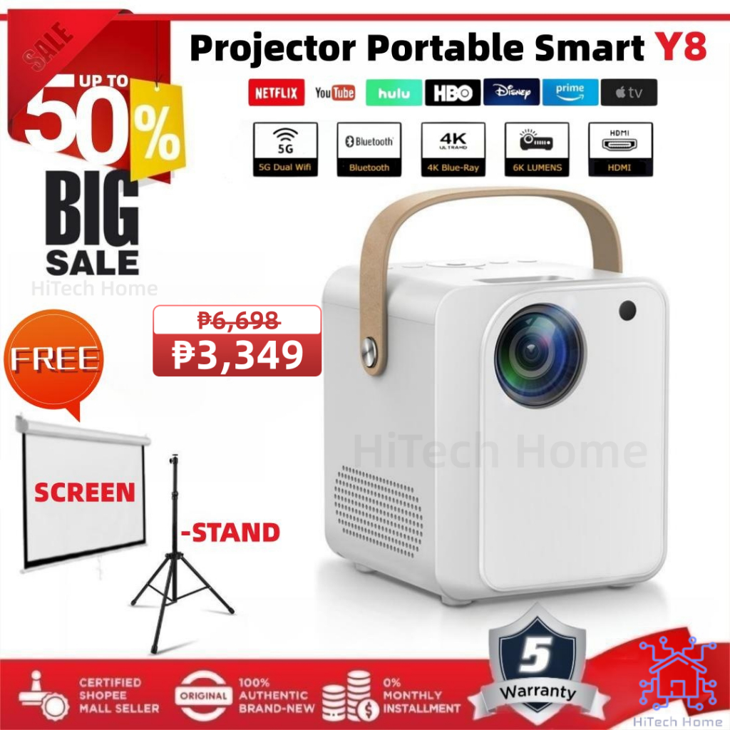 Projector Y8 Portable Smart Mini 4K UHD 6000 Lumens Projectors Android ...