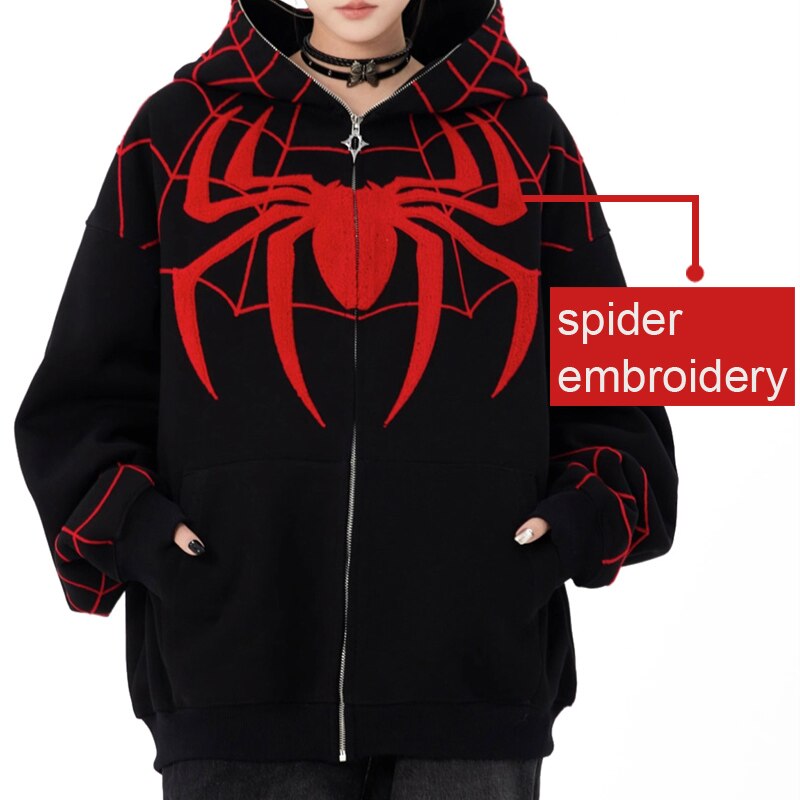 Vintage Embroidery Spider Hoodie Women Men Casual Full Zip Up Hood ...