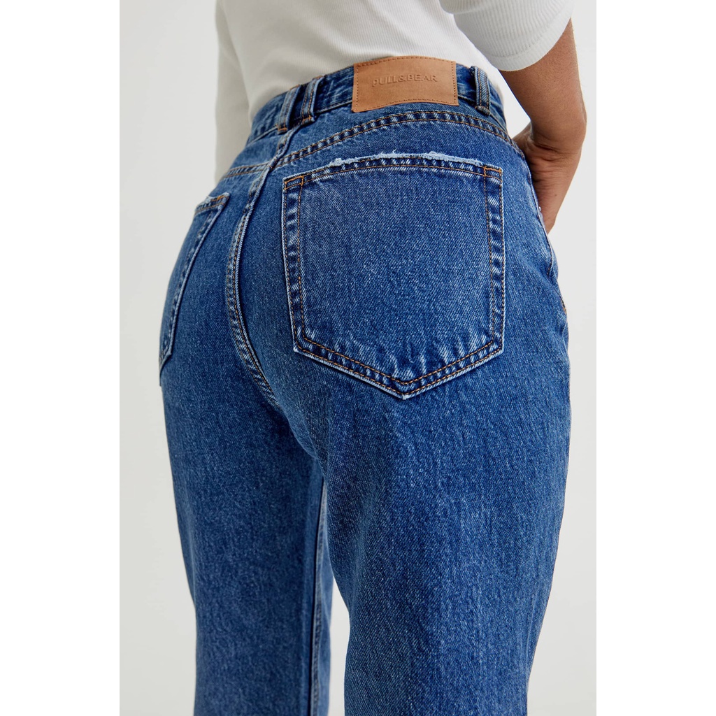 ยีนส์ Pull&Bear basic mom jeans สี Dark Blue ทรงเอวสุง ปลายขาเรียว ของแท้100% ผ้ายีนส์ นิ่ม ใส่ ...
