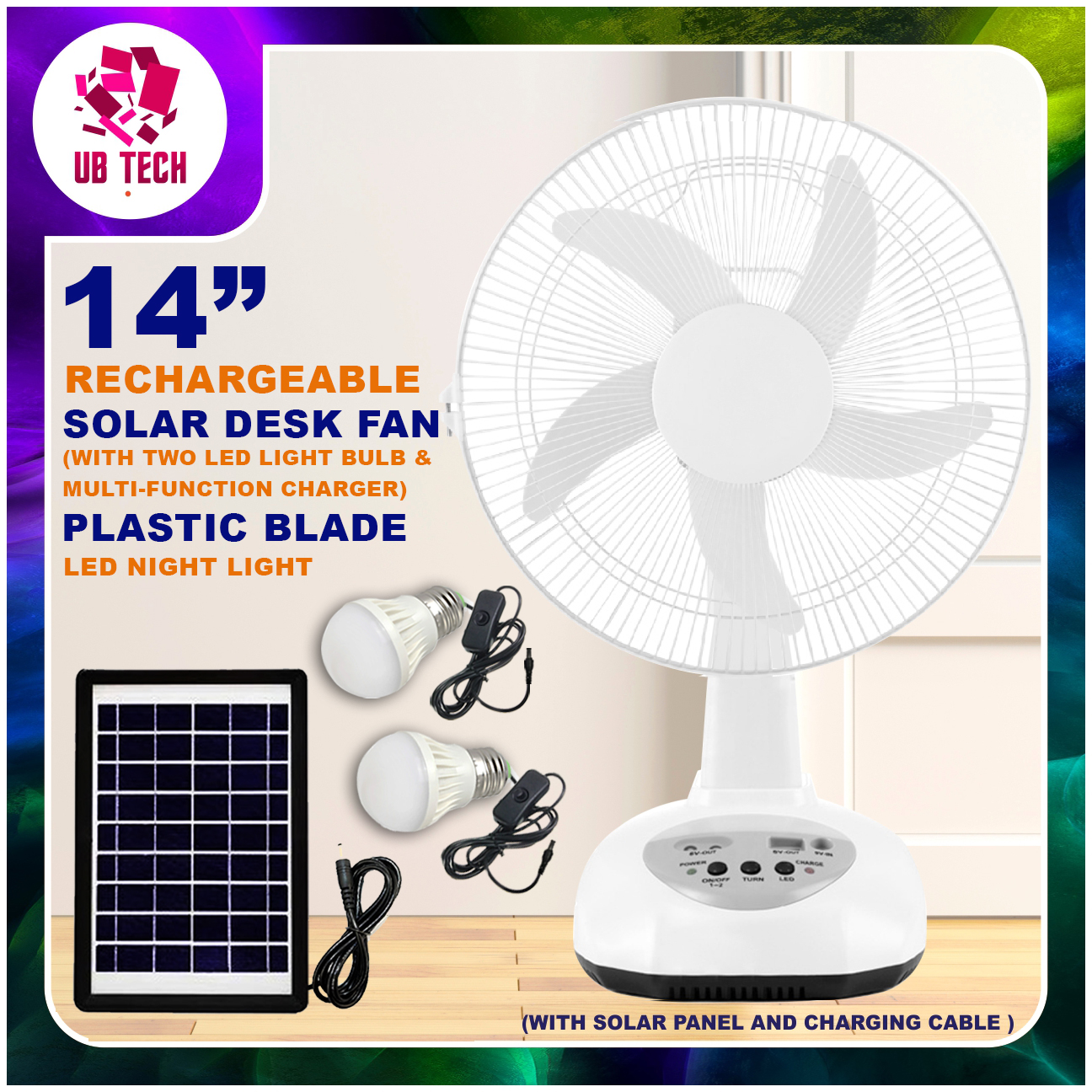 GD LIGHT PLUS 14” RECHARGEABLE SOLAR LED DESK FAN (WITH MULTI-FUNCTION ...