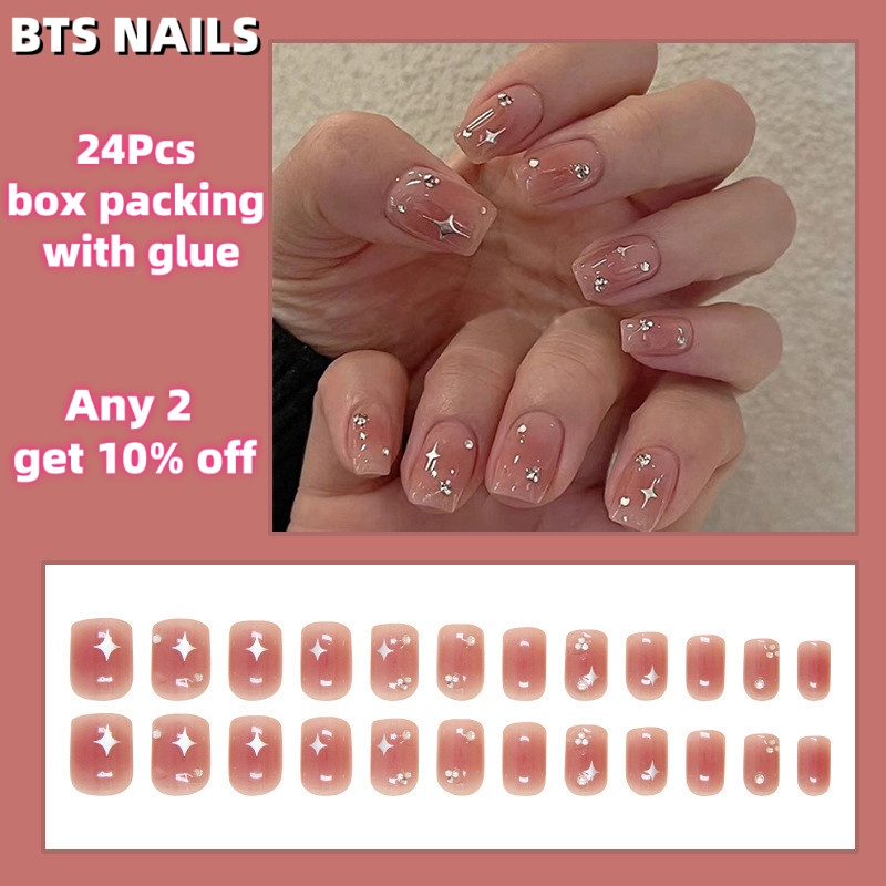 BTS【WITH GLUE】24Pcs Short Sweet Detachable Star Fake Nails DIY Art ...
