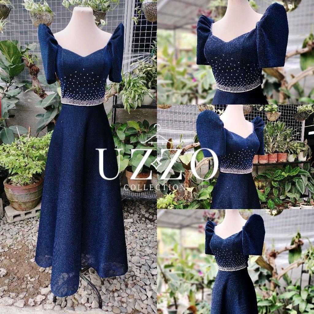 Elegant Modern Filipiniana Crop top Blouse and Skirt Terno Navy Blue ...
