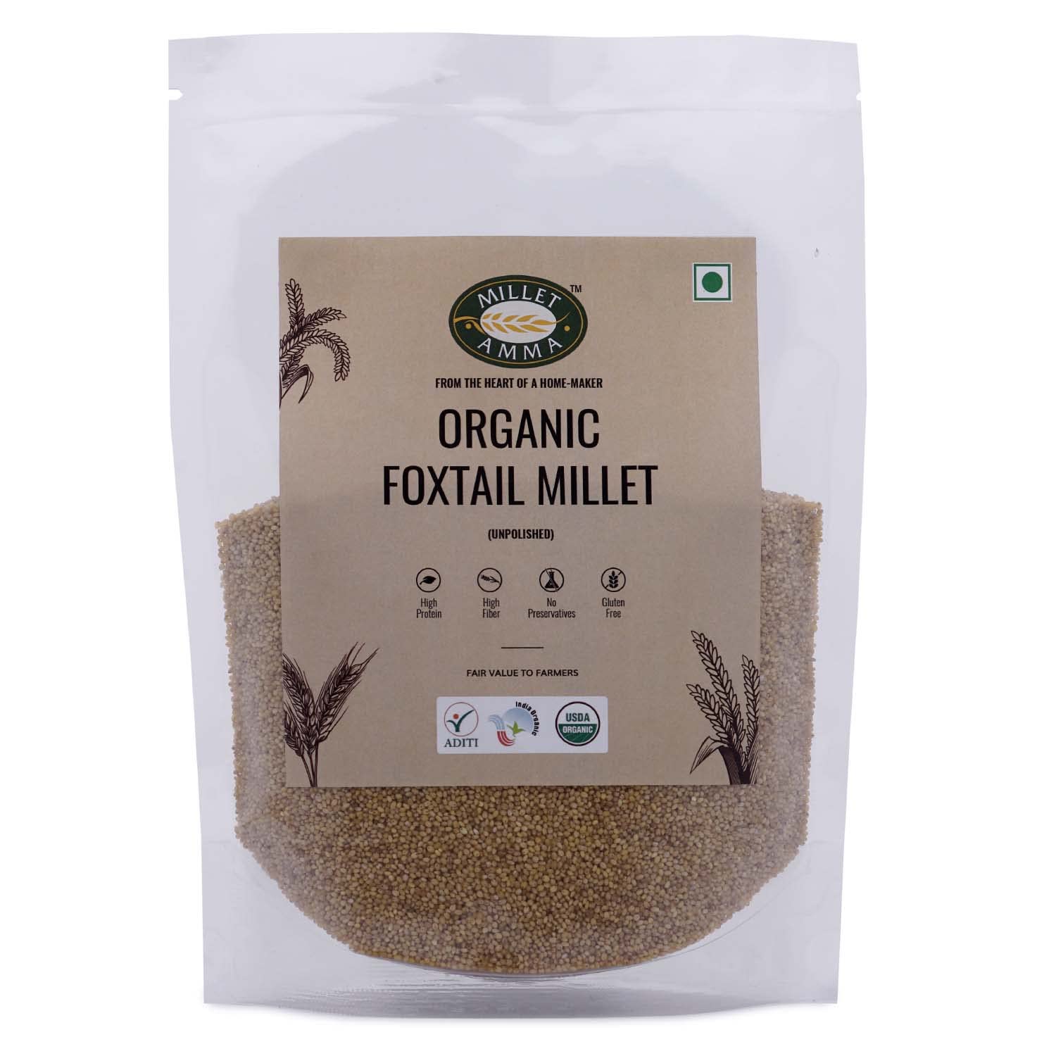 Millet Amma Unpolished CERTIFIED ORGANIC Foxtail Millet Grains | 1 Kg ...
