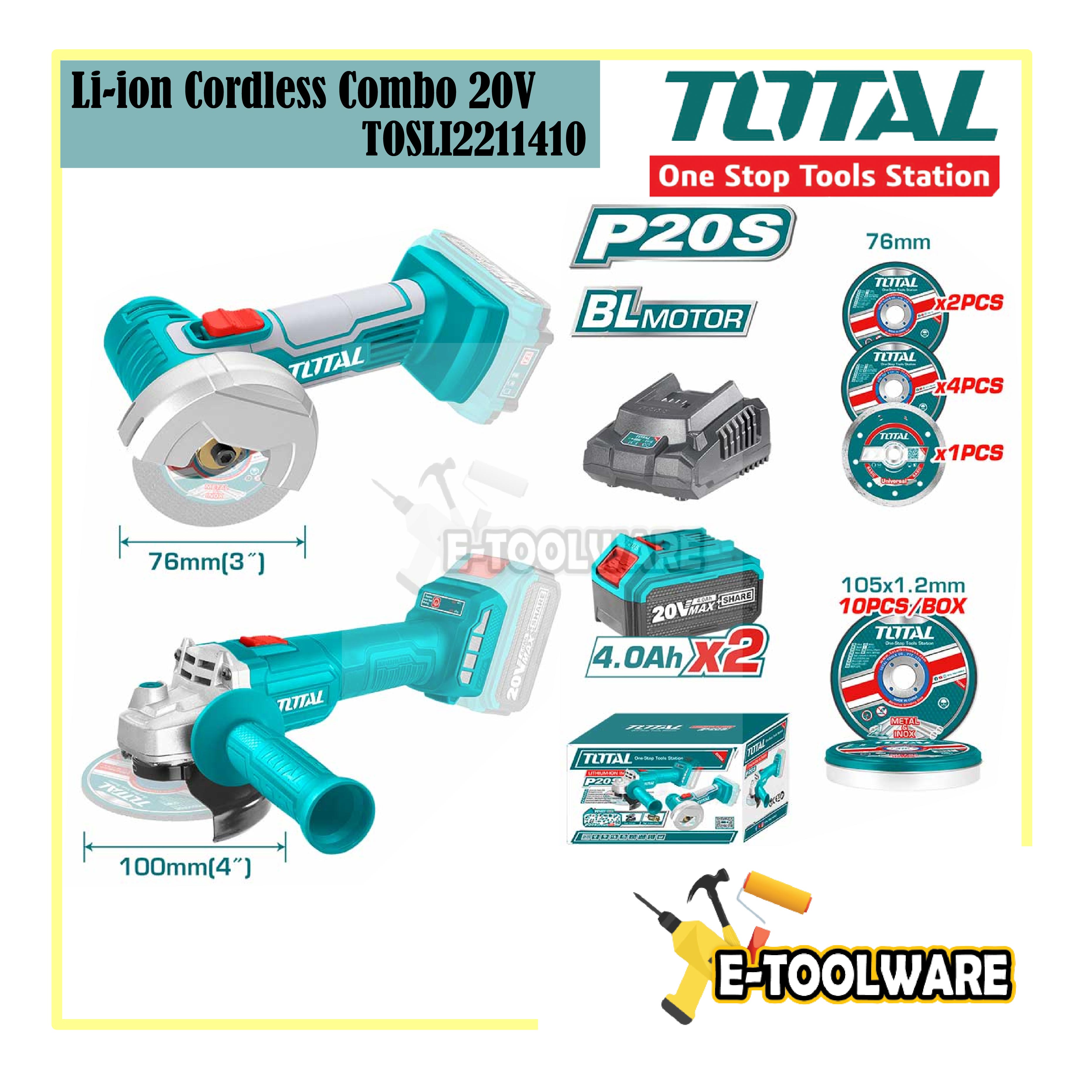 Total P20S 4'' Angle Grinder TAGLI20107 + TAGLI7601 20V Mini Cut-Off ...