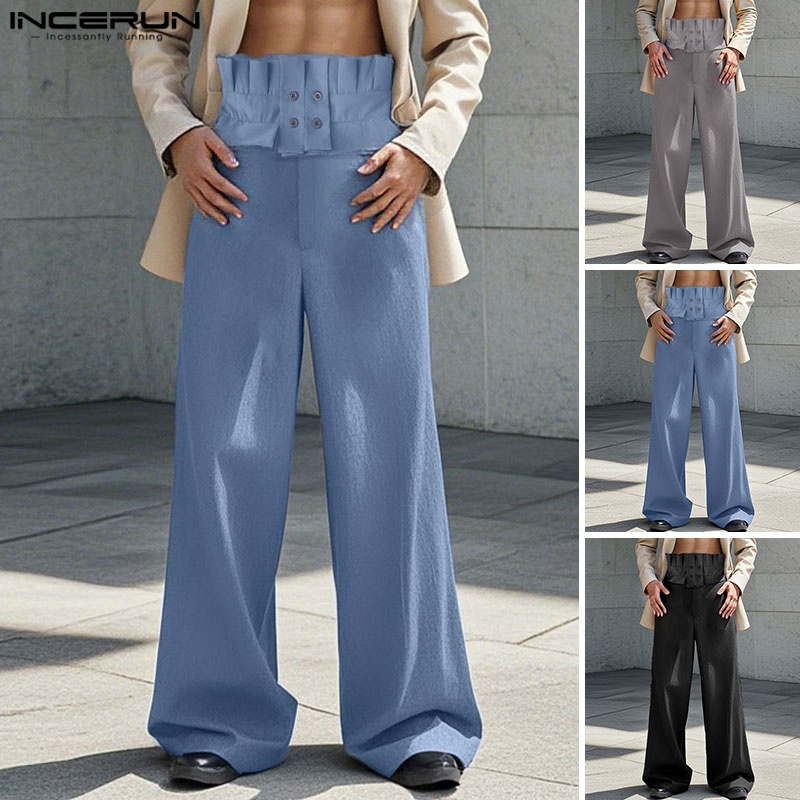 INCERUN Men's Deconstruct Design High Waist Casual Long Pants Wide Leg ...