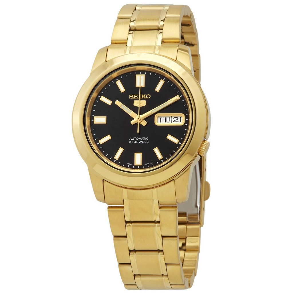 Seiko 5 Gold Tone Stainless Steel Black Dial 21 Jewels Automatic ...