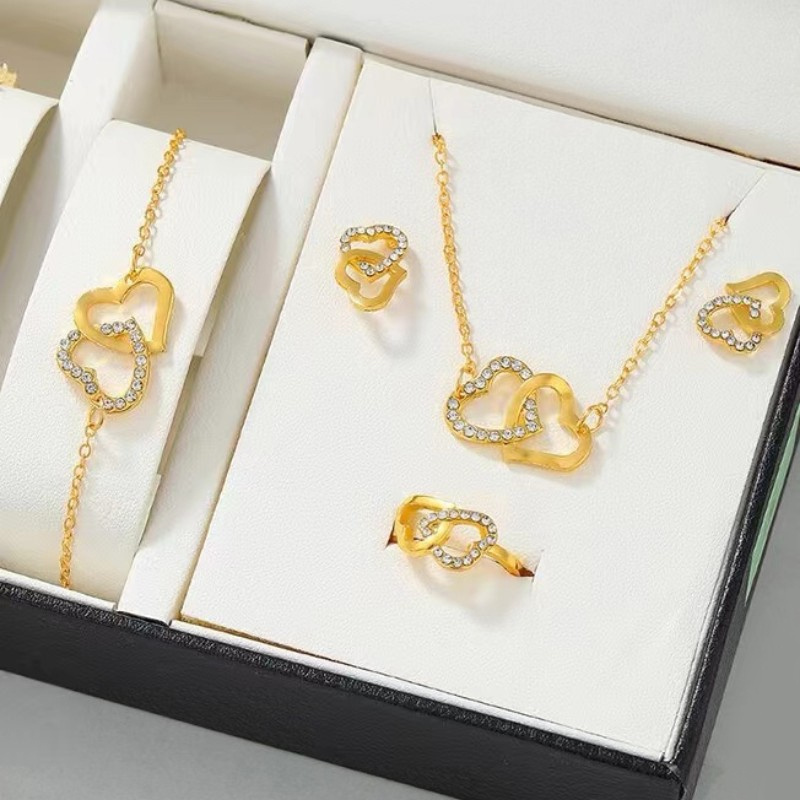 5PCS Set Heart Shaped Jewelry Sets Of Ring Earrings Necklace For Women Elegance Rhinestone Double Heart Jewelry CHAINI Daraz.lk