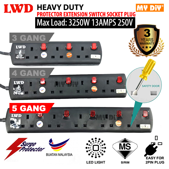 Diyhardwarestation Lwd Heavy Duty Trailing Socket Surge Protector Extension Switch Socket Plug