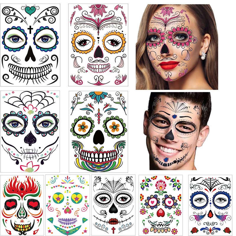 Temporary Face Tattoos, Sheets Floral Day of the Dead Sugar Skull Face ...