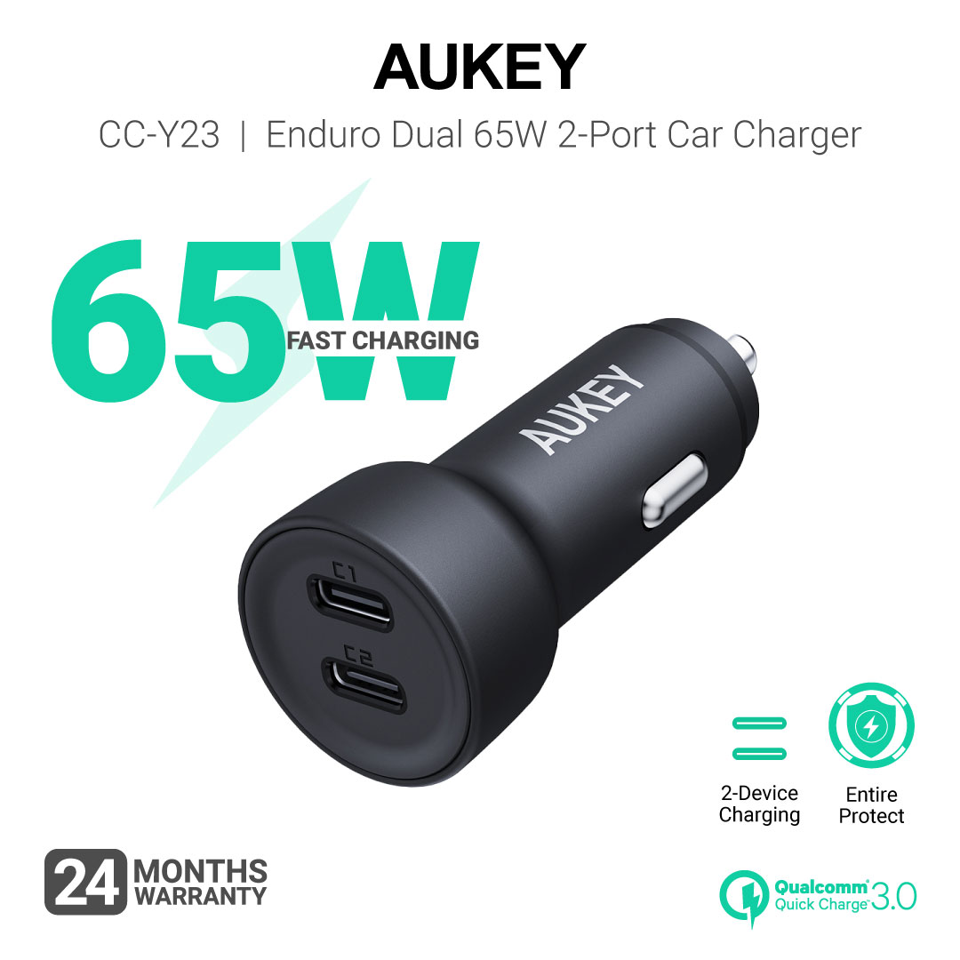 Aukey CC-Y23 Enduro Dual 65W 2-Port Car Charger - Black | Lazada Singapore
