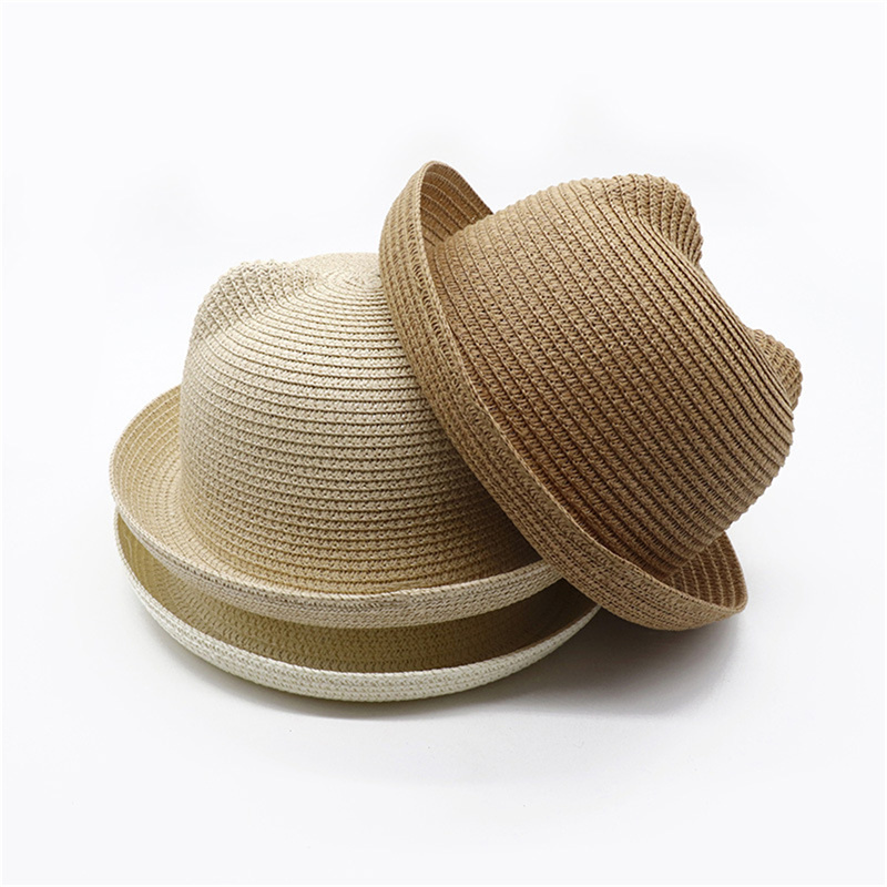 Cute Baby Solid Color Hat With Ears Summer Straw Hat Children Beach Sun ...