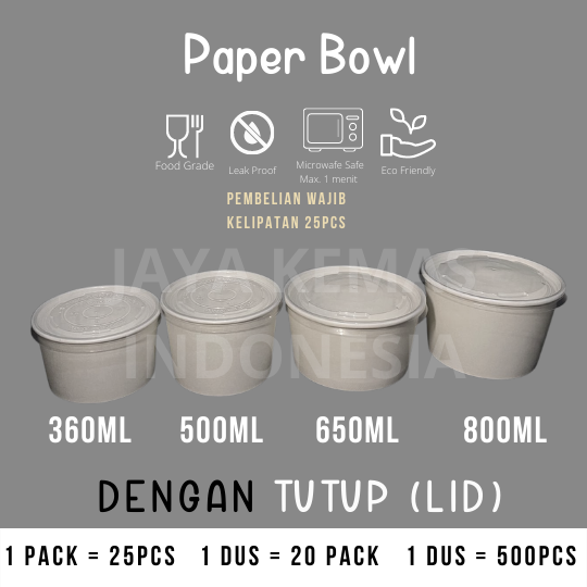 PAPER BOWL + TUTUP 360ml / 500ml / 650ml / 800ml | Rice bowl tempat ...