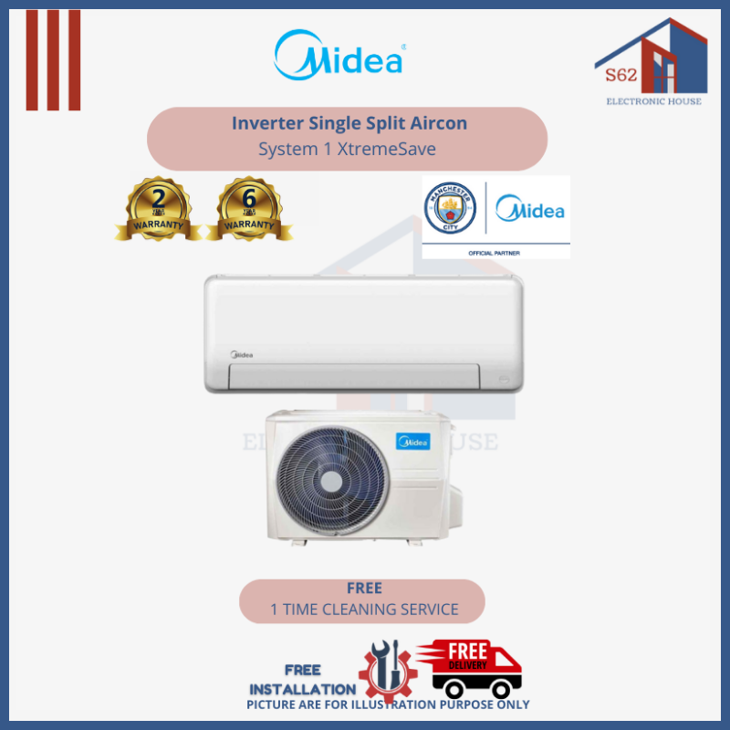 Midea System 1 XtremeSave Inverter Single Split Aircon - FR Installation & FR 1 Time Cleaning ...