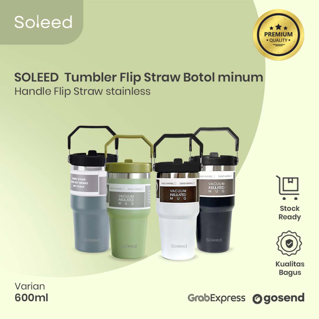 SOLEED Tumbler Kopi Teh Botol minum Handle Flip Straw stainless ...