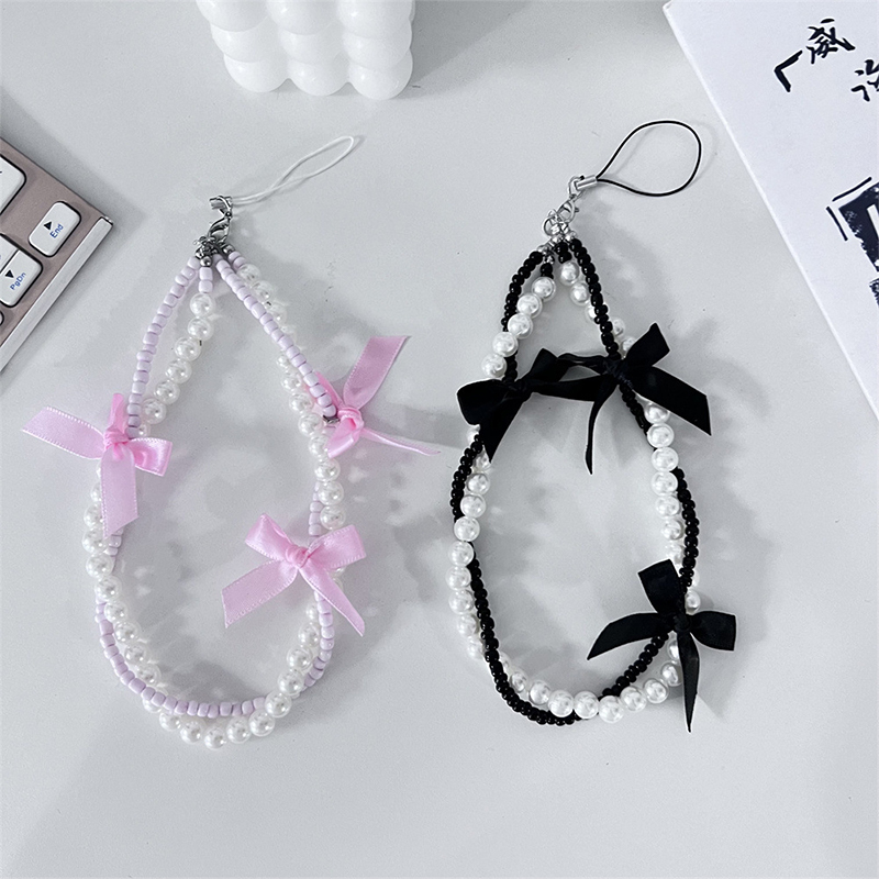 Y2K Cute Pink Black Bow Beaded Phone Chain Charm Lanyard For Phone ...