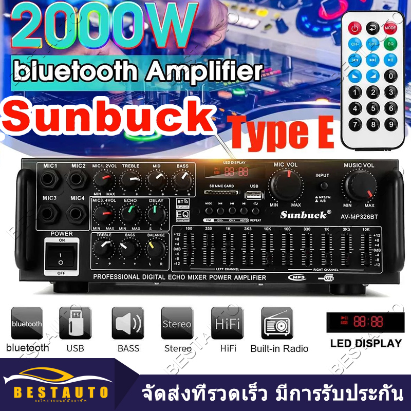 SUNBUCK 2000W 5.0 bluetooth 2 Channel Audio Power HiFi Amplifier 326BT 12V220V AV Amp Speaker ...