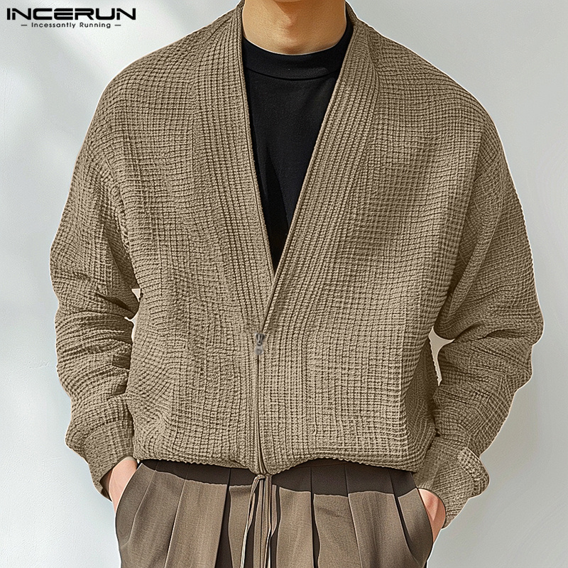 INCERUN Men's Stylish Deep V Texture Pullover Long Sleeve Button Autumn ...