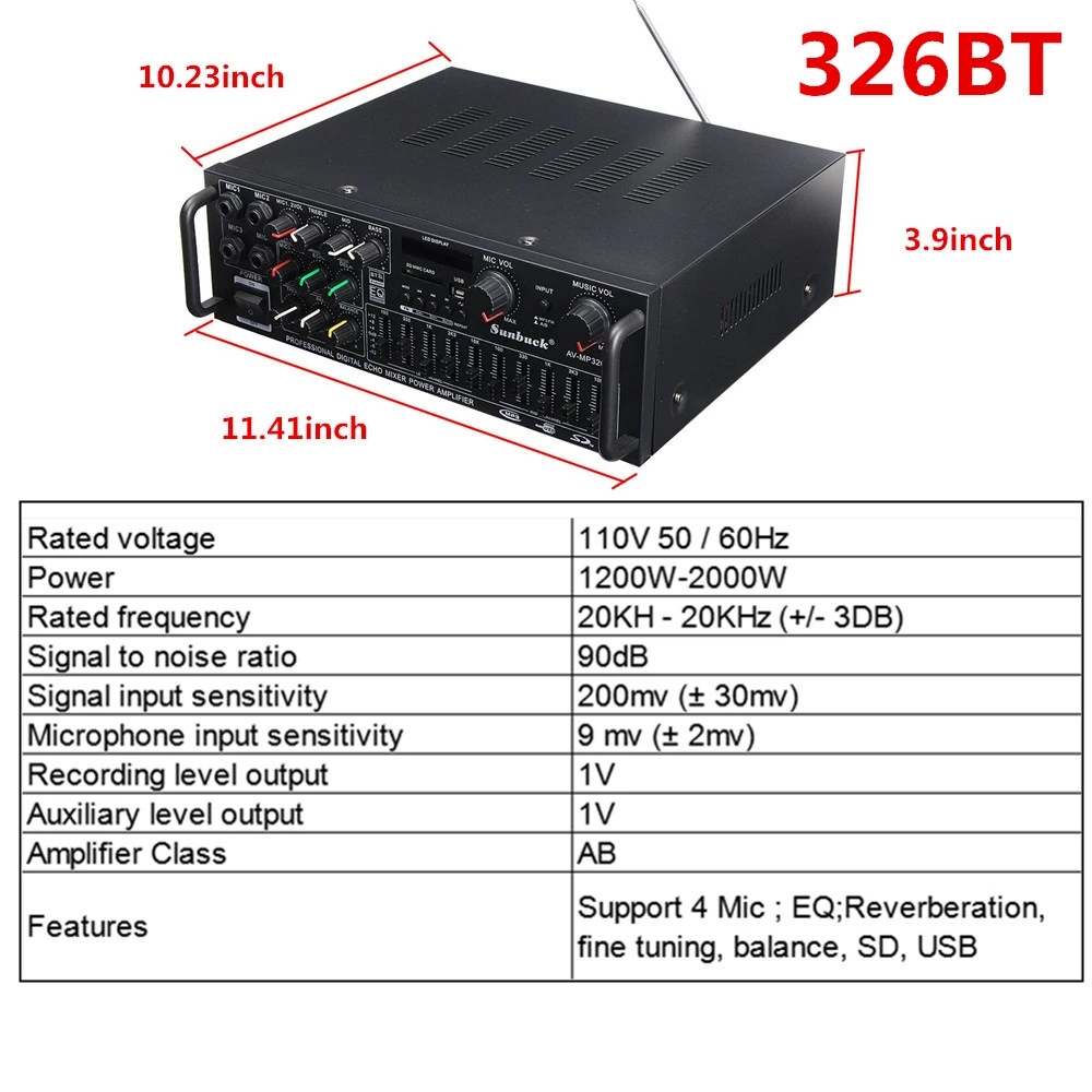 SUNBUCK 2000W 5.0 bluetooth 2 Channel Audio Power HiFi Amplifier 326BT 12V220V AV Amp Speaker ...