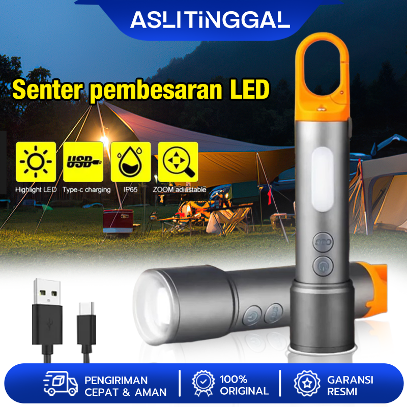 Senter LED Super Terang Mini Rechargeable Silver 20W Lampu Darurat Berkemah Waterproof USB Type ...