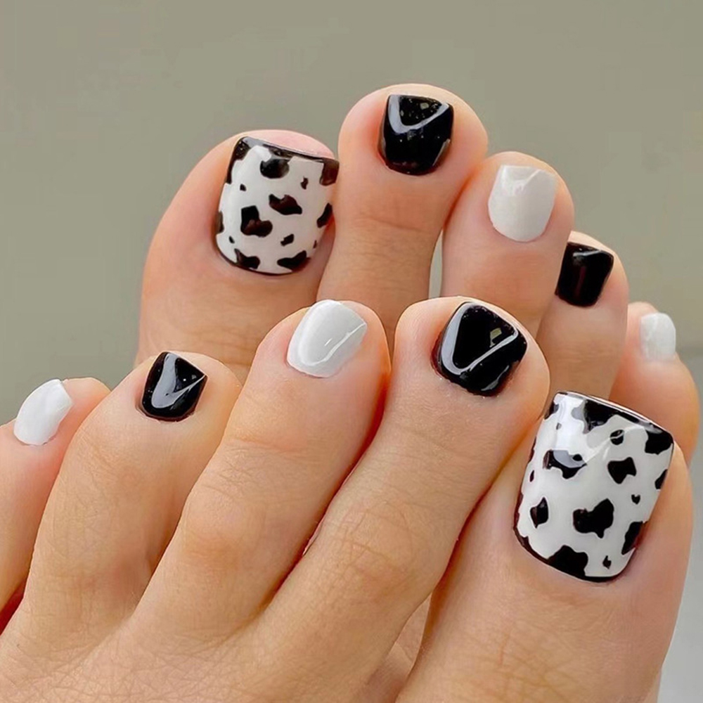JP1625 24pcs Artificial Toenails Black White Leopard Print with Jelly ...