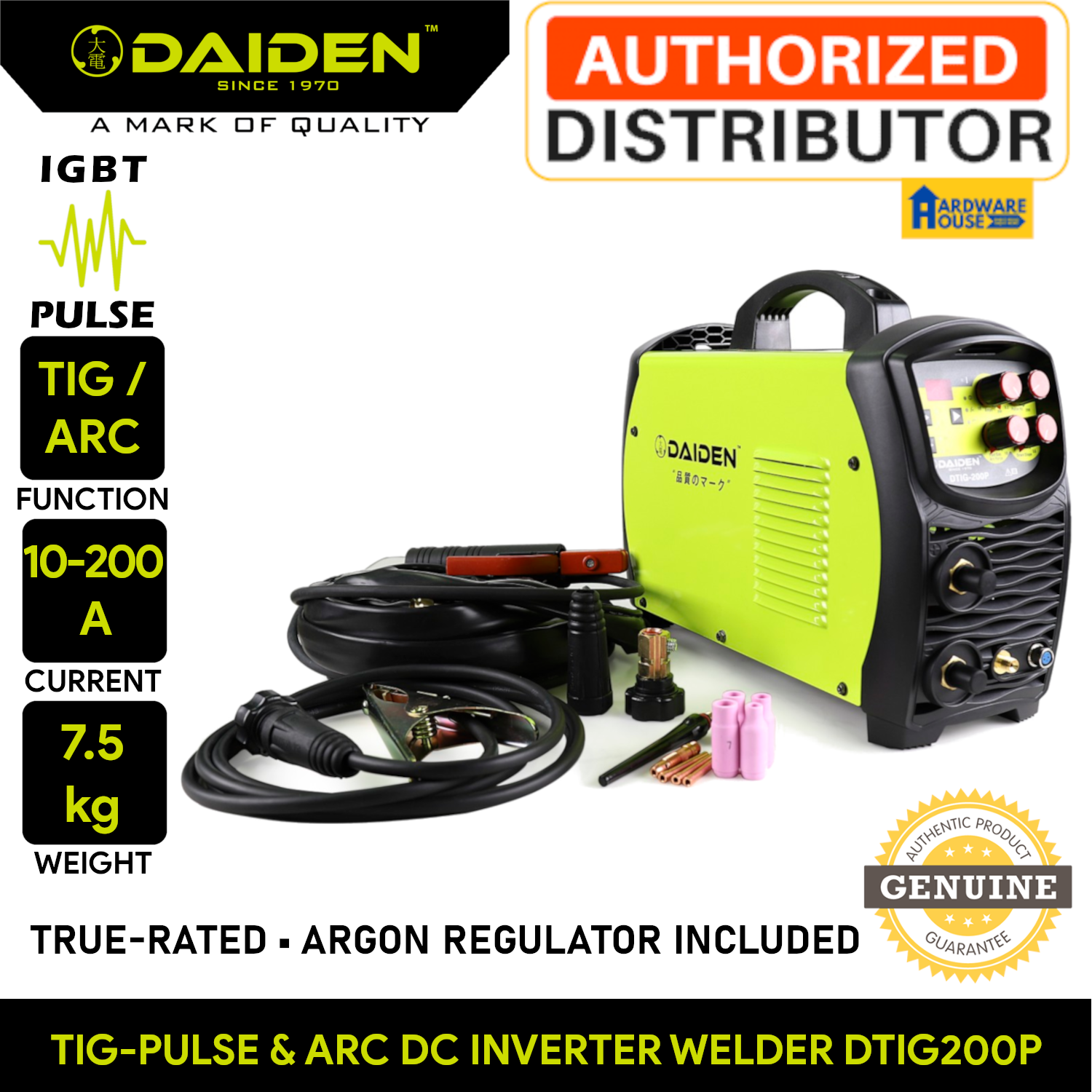 ORIGINAL DAIDEN TIG PULSE MMA DC Inverter 2 IN 1 Welding Machine 200A Complete Set With SUPERCUT ...